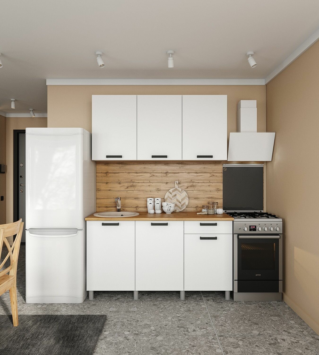 Кухонный гарнитур (кухня) Осло 1.5м , МДФ фасад Карбон Фарфор , корпус белый ЛДСП 1500х2160х600 тэкс