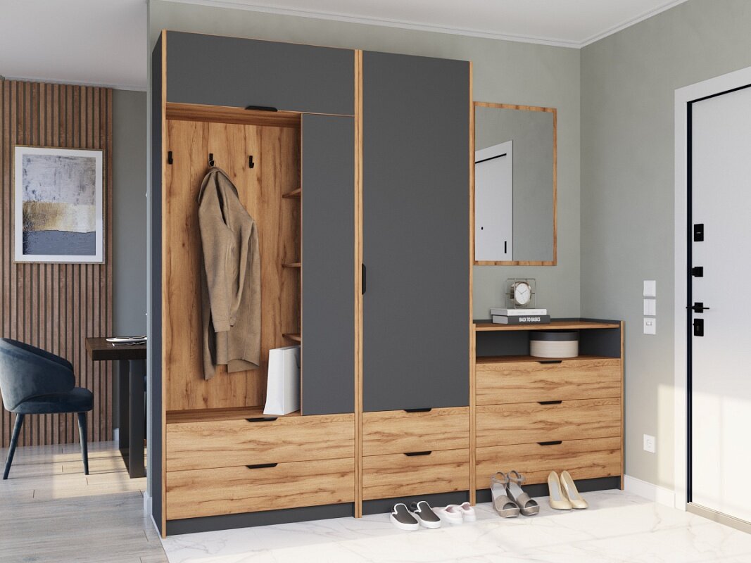 Прихожая МебельЛэнд24 Санти - 4 Графит 240x40x220 серый со шкафом с комодом с 1 зеркалом