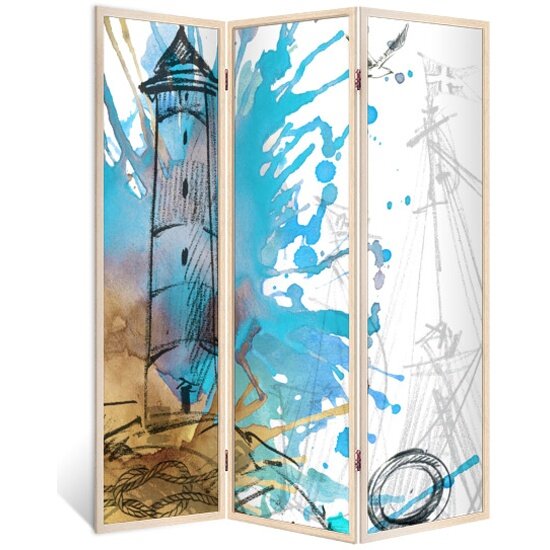Ширма перегородка Декор Депо для комнаты деревянная "Маяк на пляже" двухсторонняя с картинкой (море) 3 створки кремовый дуб 176х140 см 11 кг