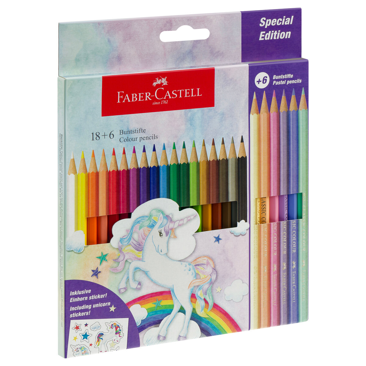 Карандаши цветные Faber-Castell «Unicorn», 18цв, шестигр, заточ. +6 паст. цв, картон, европодвес