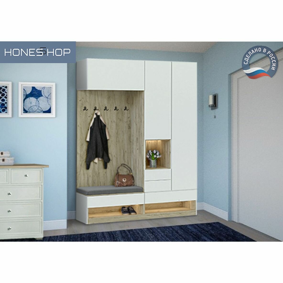 Прихожая Нейриз ЛДСП корпус белый, фасад белый/дуб крафт серый, 170х60х240