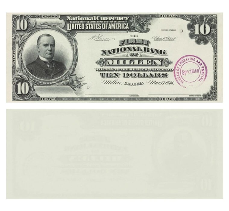 10 долларов 1908 Millen США Джорджия, серия D, надпечатка образец, сувенирная копия, банкноты и купюры редкие коллекционные