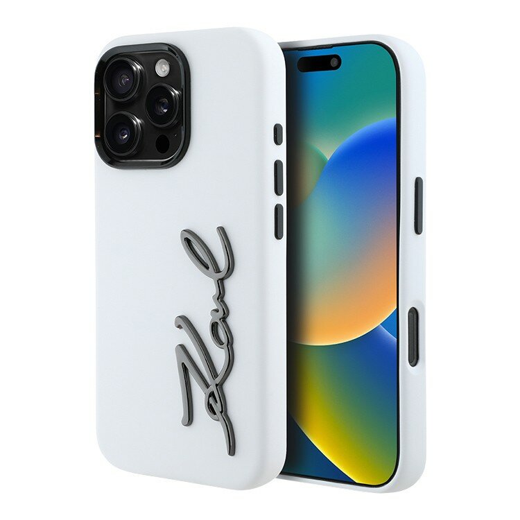 Karl Lagerfeld силиконовый чехол для iPhone 16 Pro, Liquid silicone Signature Metal logo & Camera frame, белый