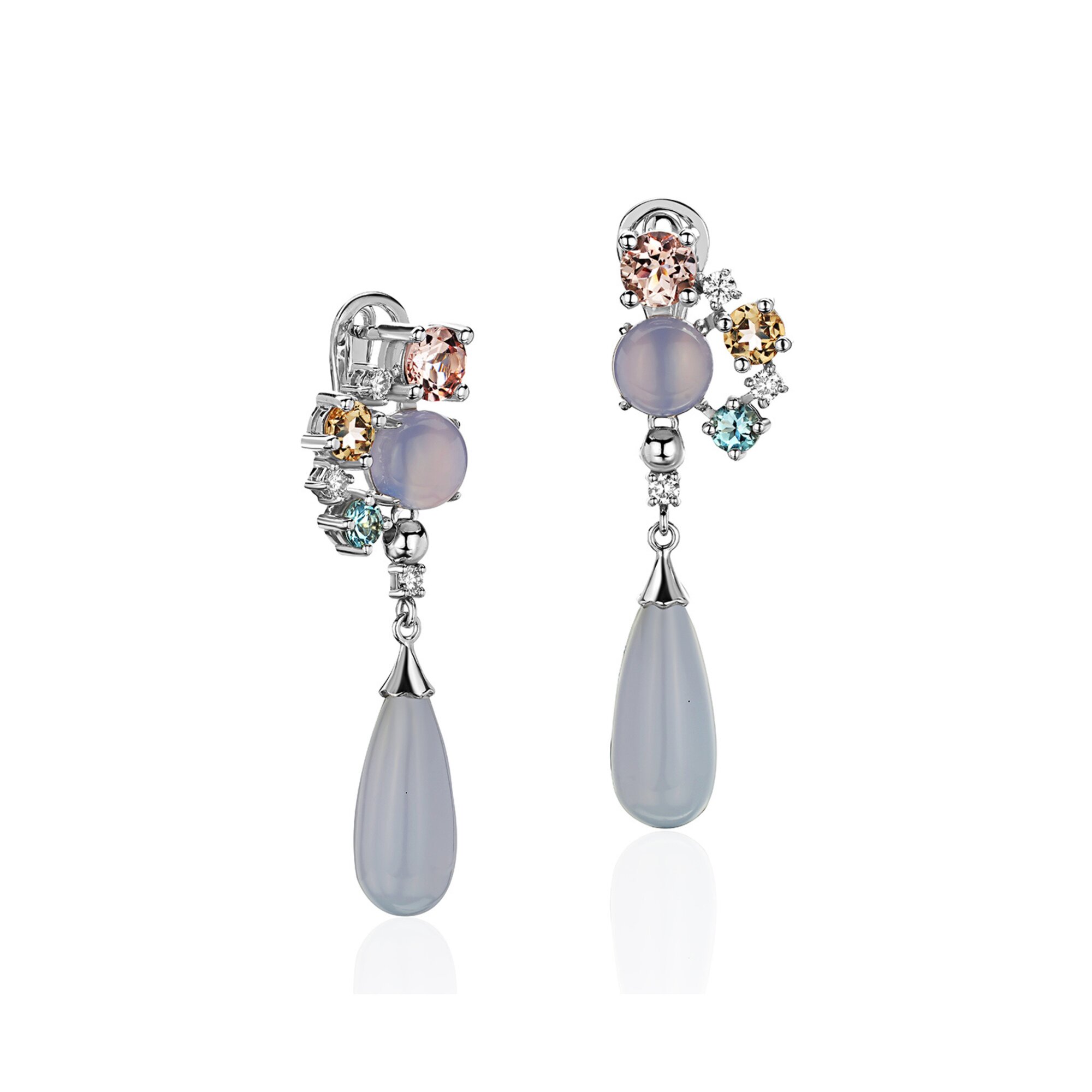 Серьги, белое золото, 750 проба, гелиодор, бриллиант, аквамарин, сапфир