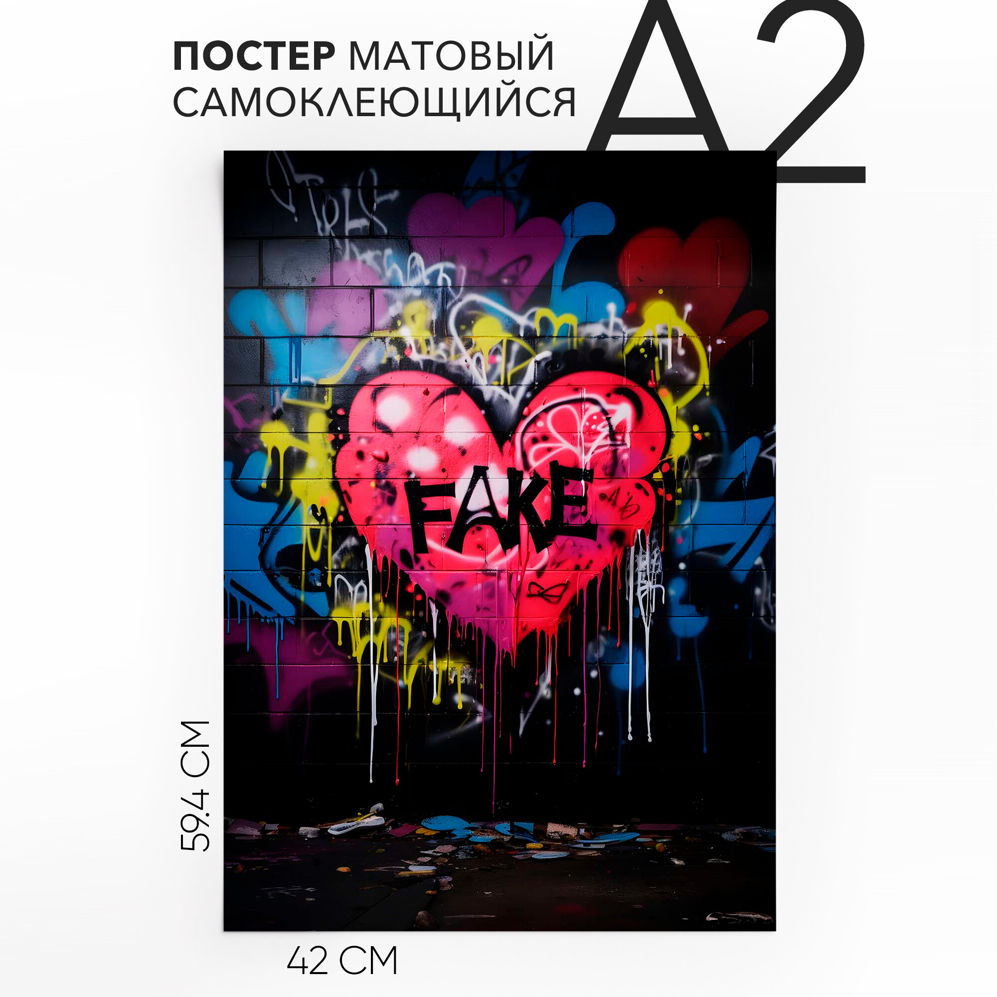 Интерьерные постеры на стену самоклеящийся, большой A2 Фэйк сердце, влагостойкий, для декора