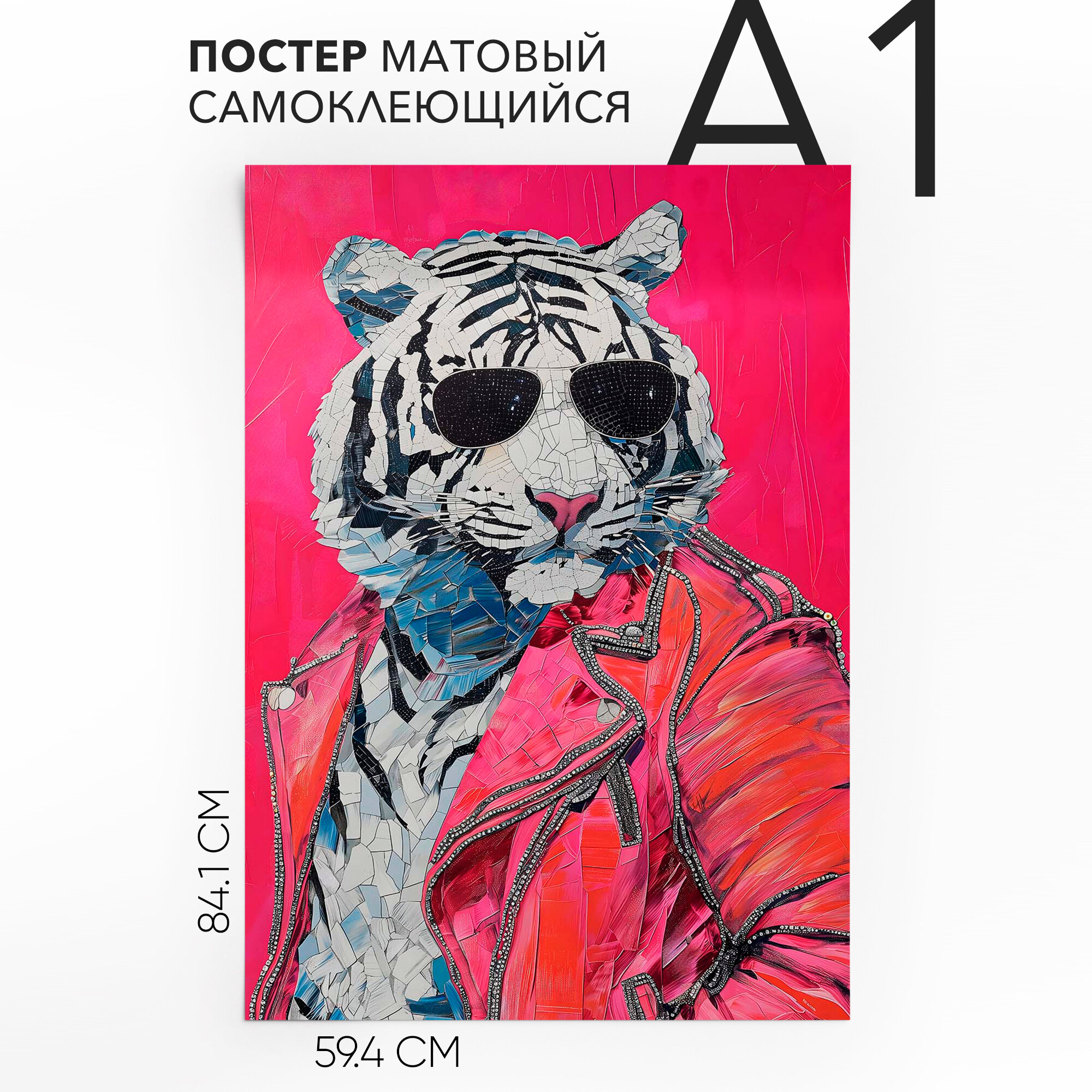 Постеры на стену интерьерные самоклеящийся, большой A1 Белый тигр в пиджаке, влагостойкий, для декора