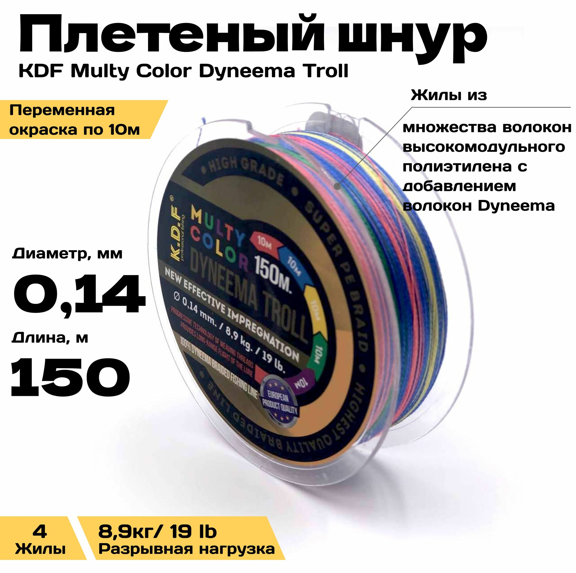 Плетеный шнур K.D.F. Multy Color Dyneema Troll, 0.14 mm -150m-8.9 kg