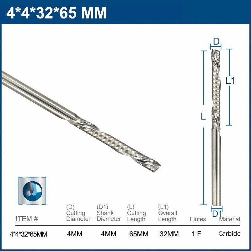 Фреза спиральная однозаходная XCAN, 4х4х32х65мм, по дереву, левая