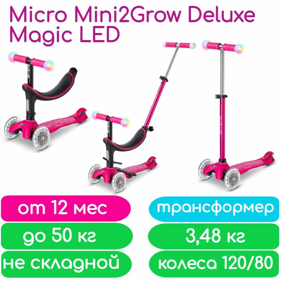 Самокат Micro Mini2Grow Deluxe Magic LED Розовый MMD359 (беговел, каталка с род ручкой, LED колеса и ручки)