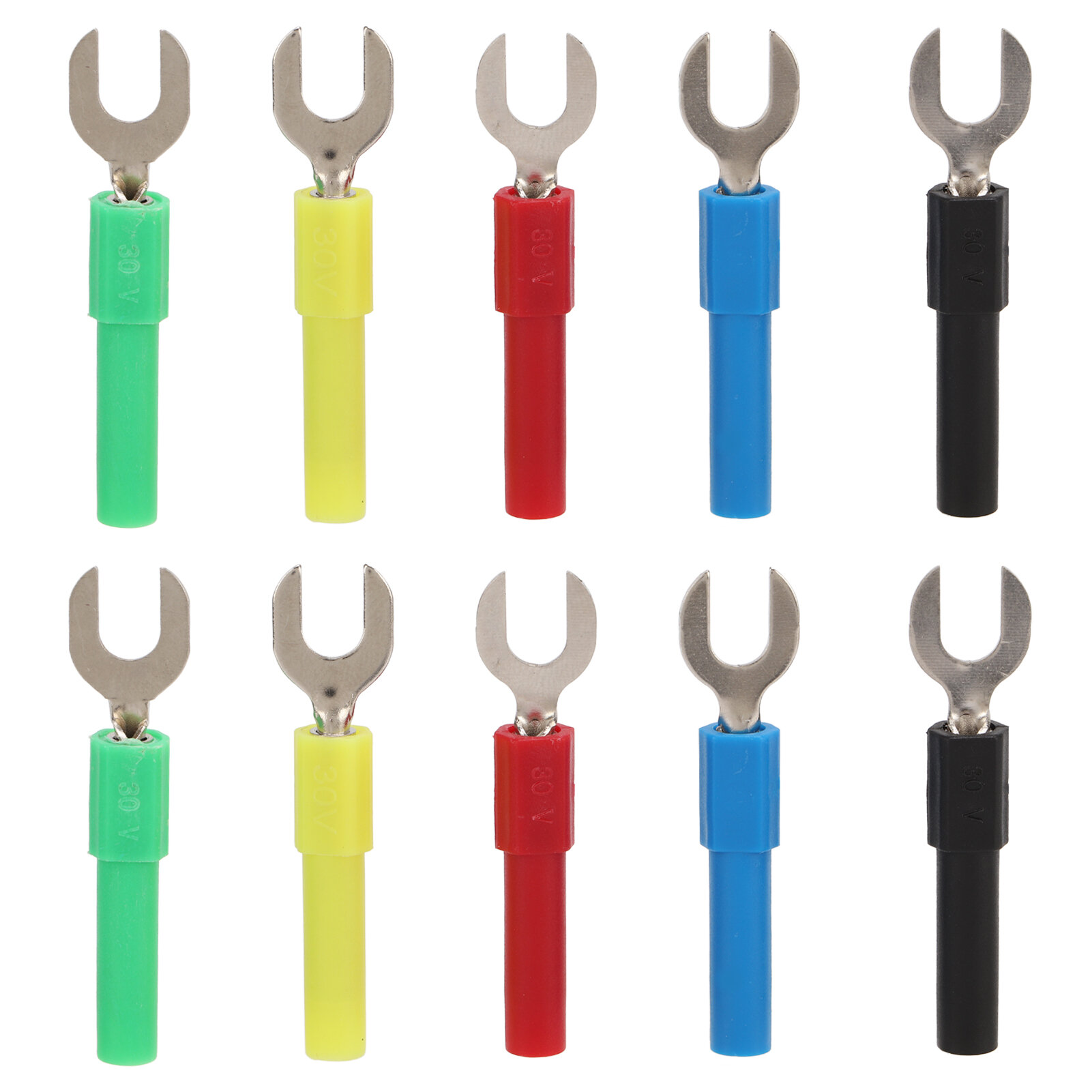 10шт. вилкообразныхклеммныхсоединителейдляпроводов, ПВХ, латунь, максимальныйток0,10А, Y-образныйразъем6мм/0,2дюйма, U-образныйштекертипа«банан»сотверстием4мм/0,2дюйма.