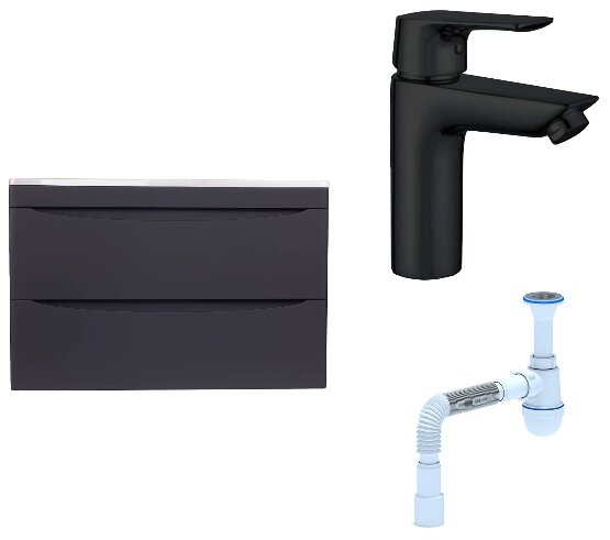 Комплект: Тумба с раковиной Style Line Бергамо Мини 80 Люкс Plus + Смеситель Aquanet Static AF330-10B + Сифон АниПласт 491866 + AF330-10B + C2015xrv