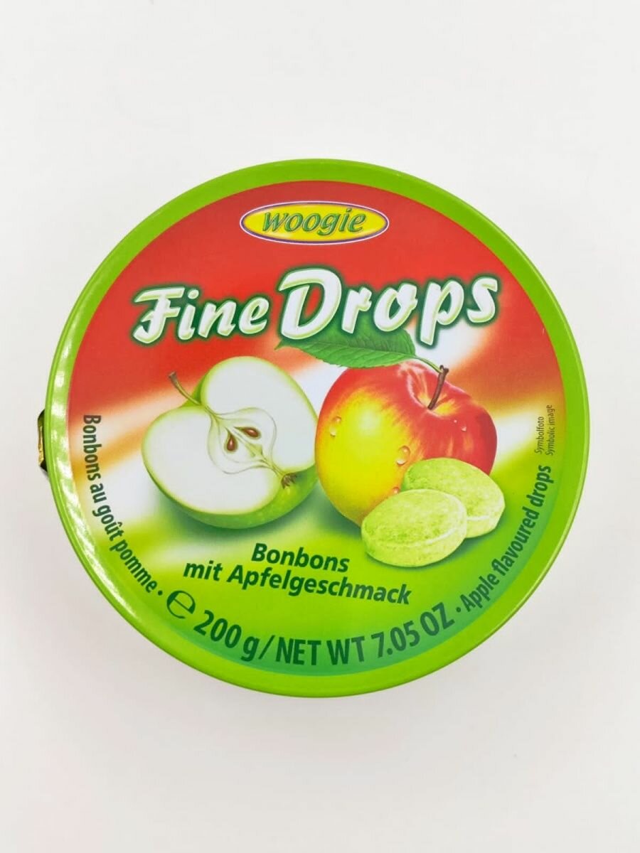 Леденцы Woogie FINE DROPS Apfel Geschmack, в жестяной банке, 200г, Австрия