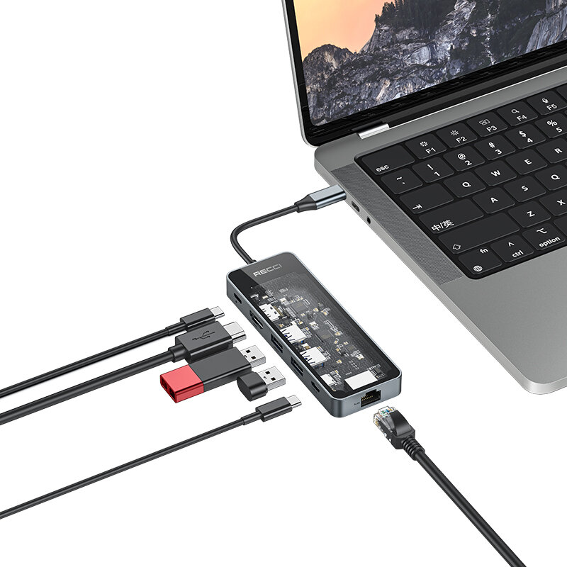 HUB адаптер Recci Transparent 6-in-1, Type-C to 2*USB3.0 + PD100W + HDMI 4K@60Hz + USB-C 5Gbps + RJ45, Серый, RH17