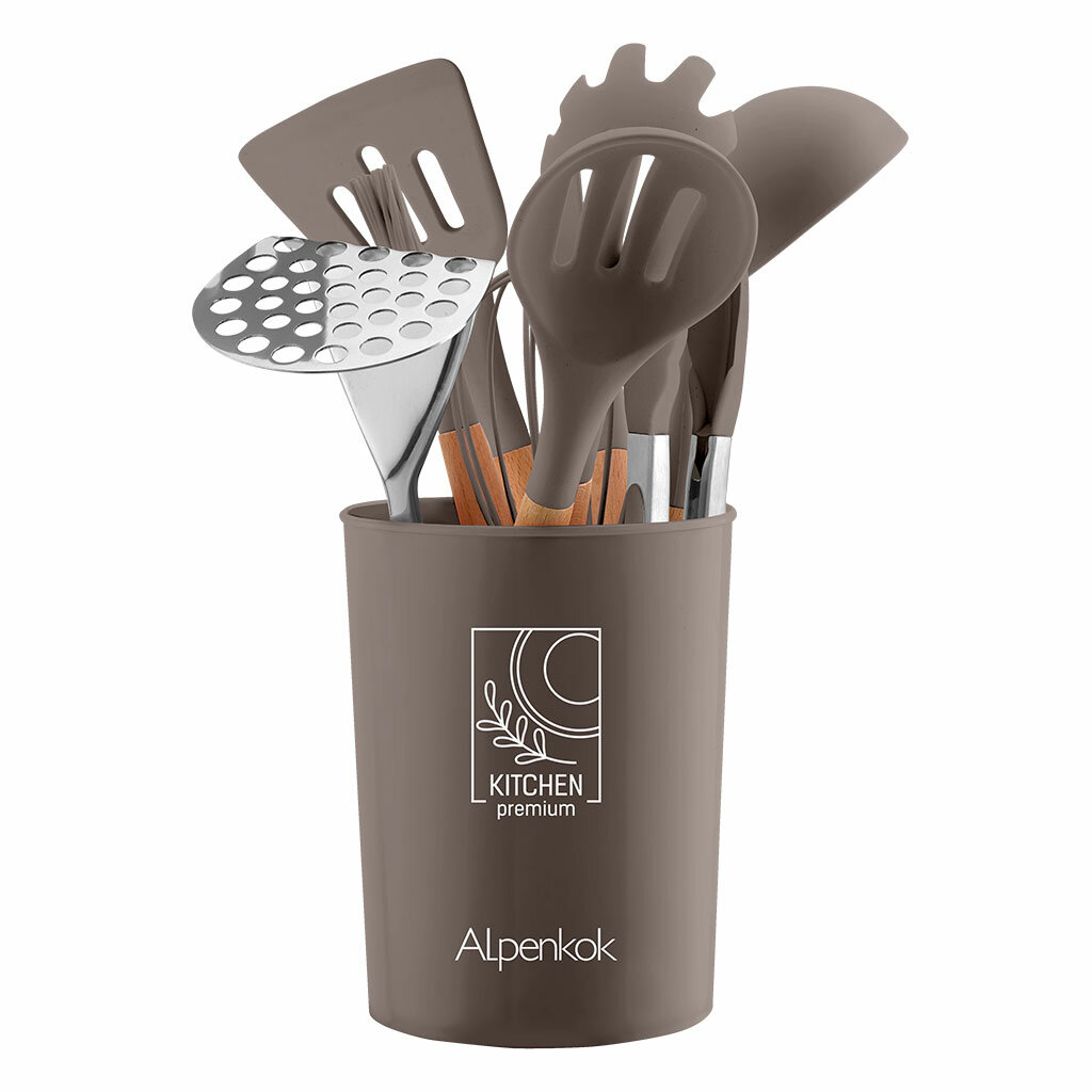 Набор кухонных принадлежностей на подставке 12 предметов, силикон, АК-5284 бежево-коричневый
