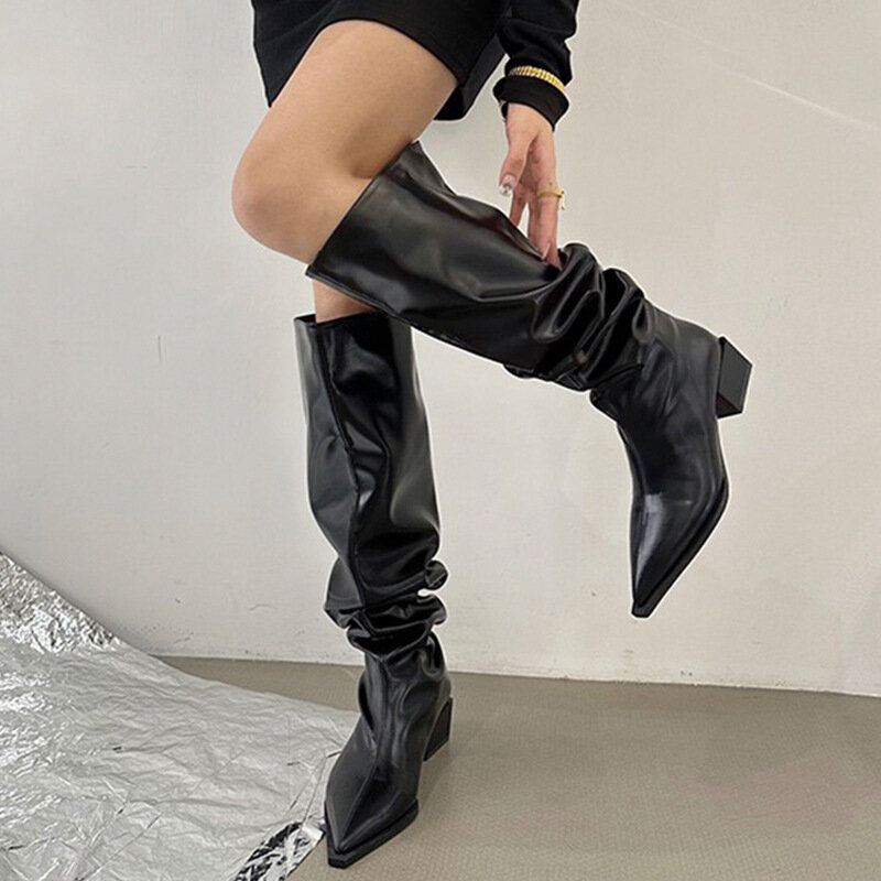 Большие плиссированные ворсовые сапоги-трубы, женские, новый стиль 2025, осенние и зимние женские сапоги, французские сапоги с острым носком, высокие сапоги на толстом каблуке