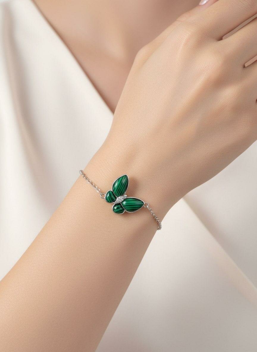 Браслет, серебро, 925 проба, родирование, малахит, фианит