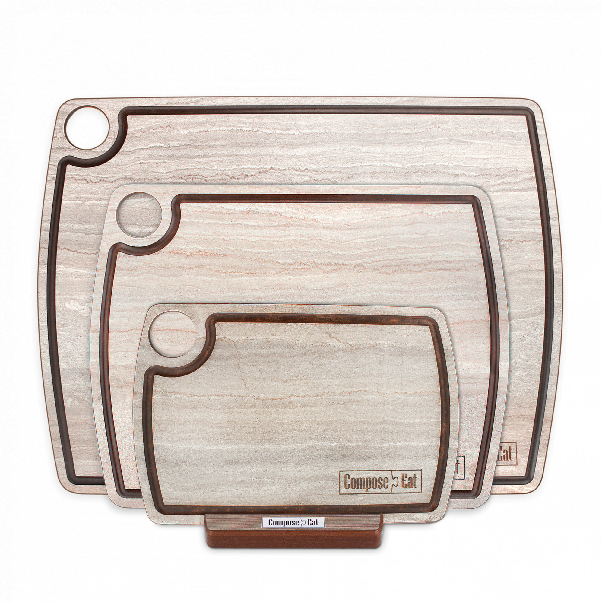 Разделочные доски ComposeEAT, 3шт, антибактериальные, бежево-серые, с желобком