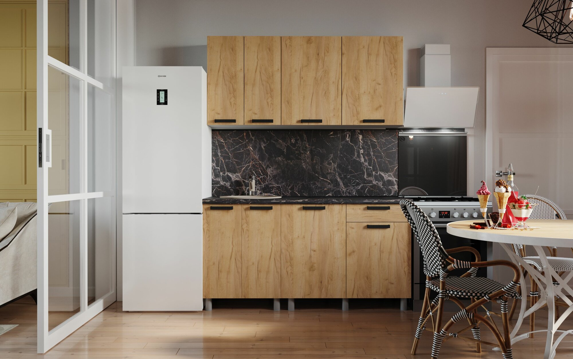 Кухонный гарнитур Диор (Корпус: 1,6 м белый + Фасад: "Диор" 1,6 м Дуб Крафт Золотой) (Микон)