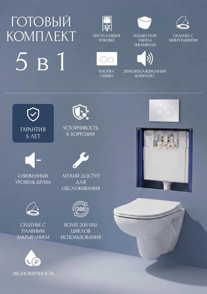 Комплект 5 в 1 Унитаз подвесной Seramiksan Petite A101002H / Сиденье AG50006, с микролифтом / Инсталляция с кнопкой STWORKI Хельсинки S33500WH цвет глянцевый белый, Шумоизоляция