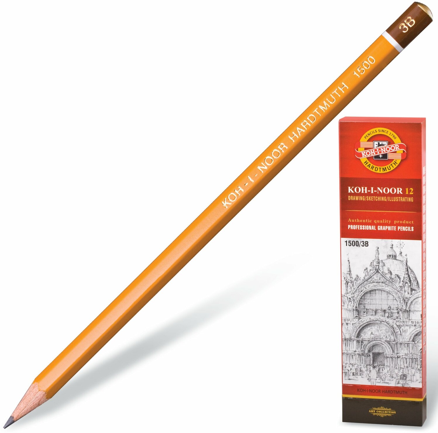 Карандаш чернографитный KOH-I-NOOR 1500, 1шт, 3B, корпус желтый, заточенный, 150003B01170RU