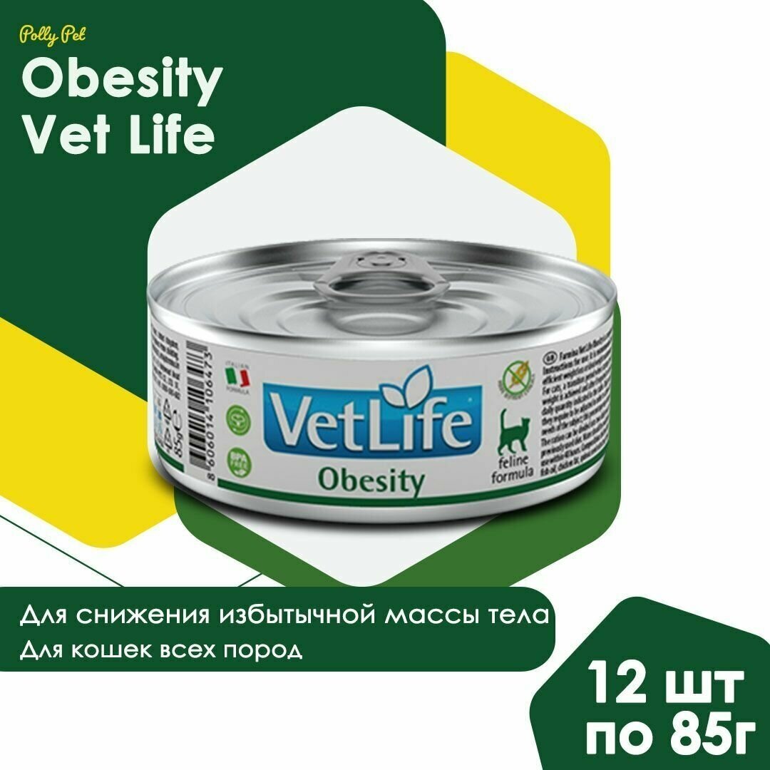 Влажный корм Farmina Vet Life Obesity для кошек всех пород, для снижения избыточной массы тела, Фармина Вет Лайф лечебный рацион со вкусом курицы, 12шт по 85г