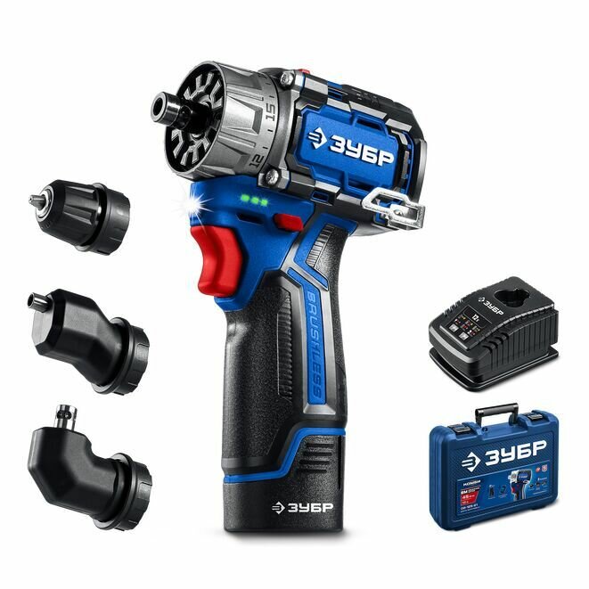 Бесщеточная модульная дрель-шуруповерт ЗУБР комби #2, 4 насадки-патрона, 1 АКБ (2 А ч), в кейсе DB-125-21 серия профессионал