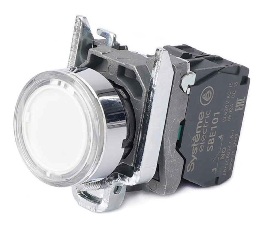 Кнопка управления Systeme Electric / Систем Электрик SB4 модульная с подсветкой металлическая белая, 24ВDC 1НО IP65, под отверстие диаметром 22мм, SB4BW31B1 / кнопочный пост