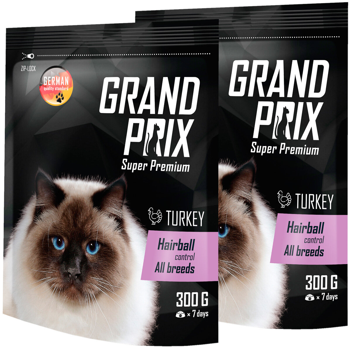 GRAND PRIX ADULT CAT HAIRBALL CONTROL для взрослых кошек для вывода шерсти с индейкой (0,3 + 0,3 кг)