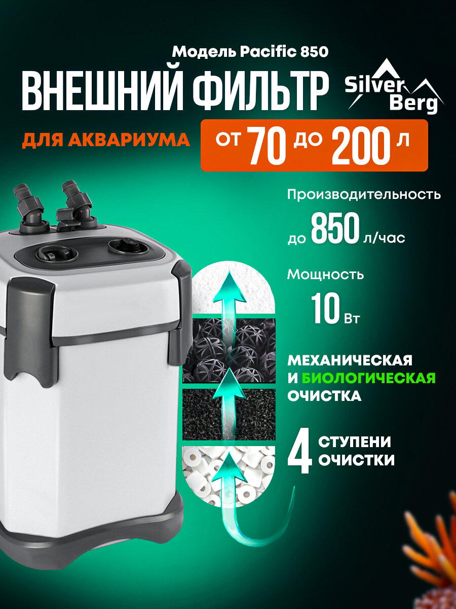 Внешний фильтр для аквариума 70-200л, с аэрацией, Silver Berg Pacific 850, канистровый фильтр