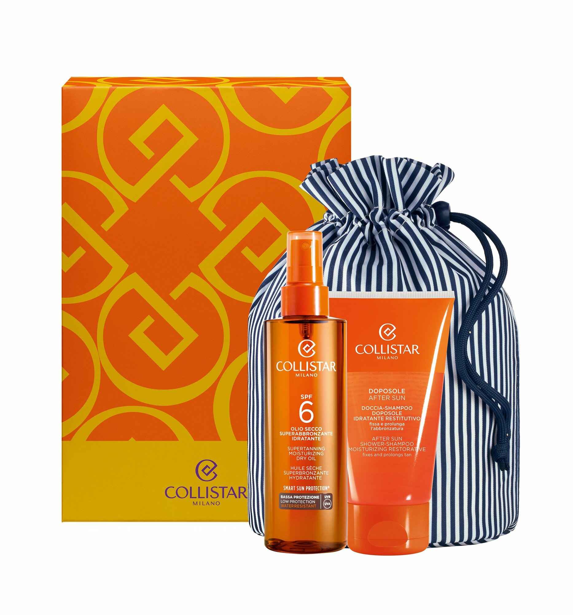 Collistar - Набор Для Суперзагара 2025 Moisturizing Dry Oil SPF6 200 ml + After-Sun Shower Shampoo 150 ml + Сумочка