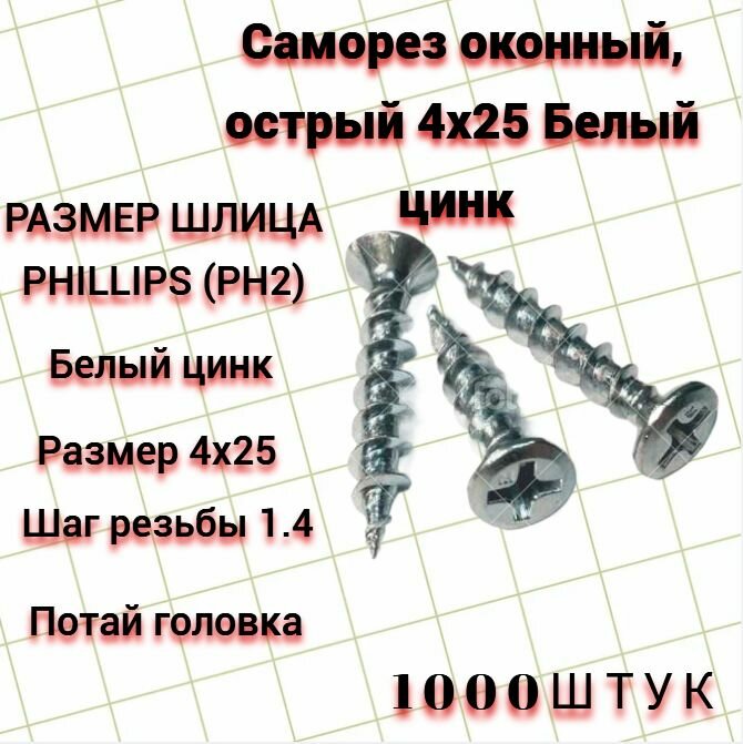 Саморез оконный, острый, 4х25 Белый цинк , 1000 шт.