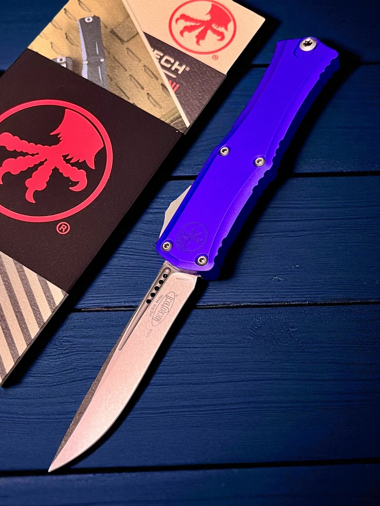 Нож складной MicroTech MCT1705M10PU Hera II Mini, M390 Recurve StoneWash Blade, Purple Handle