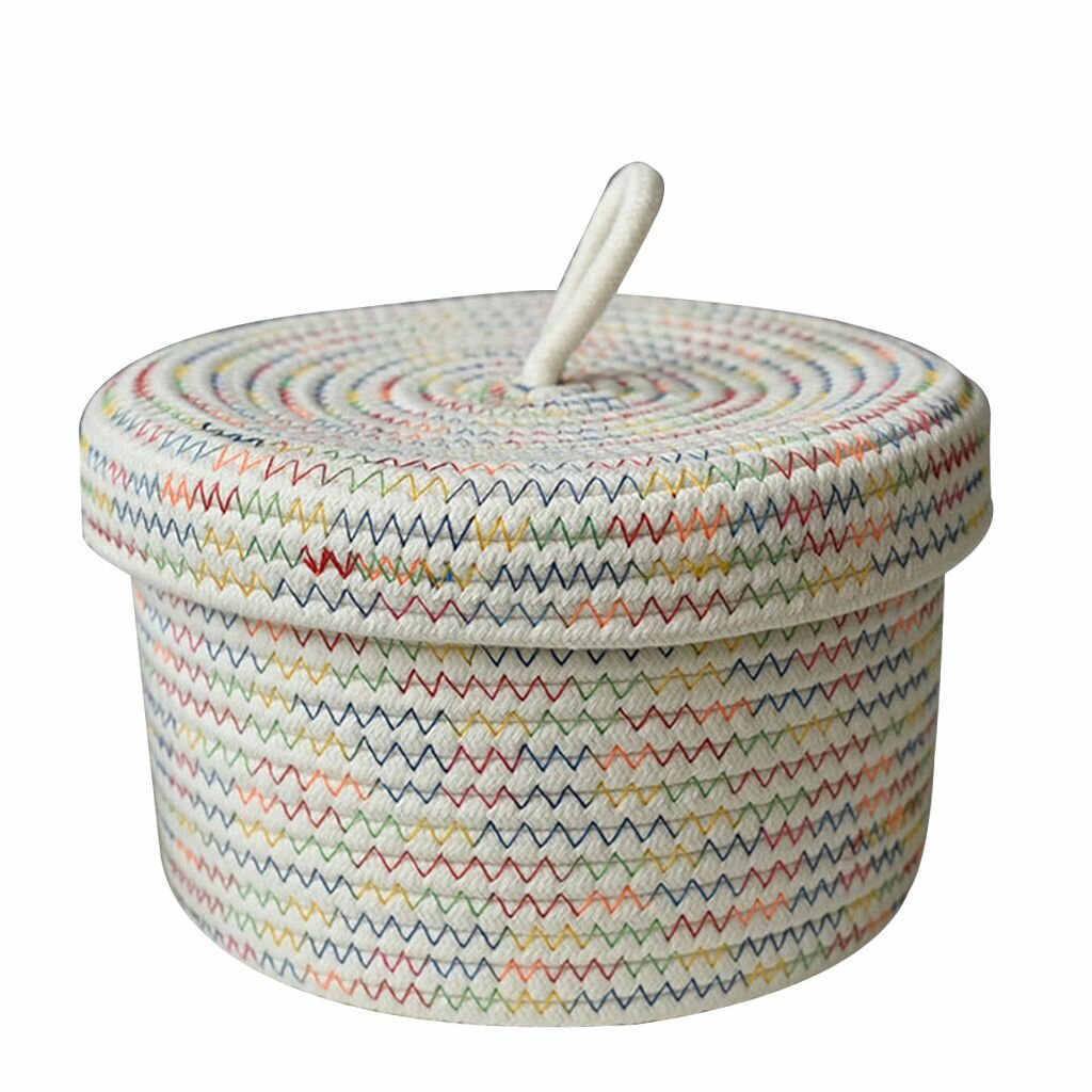 (1шт) Плетеный из хлопчатобумажной веревки складной ящик для хранения с крышкой-круглый белый