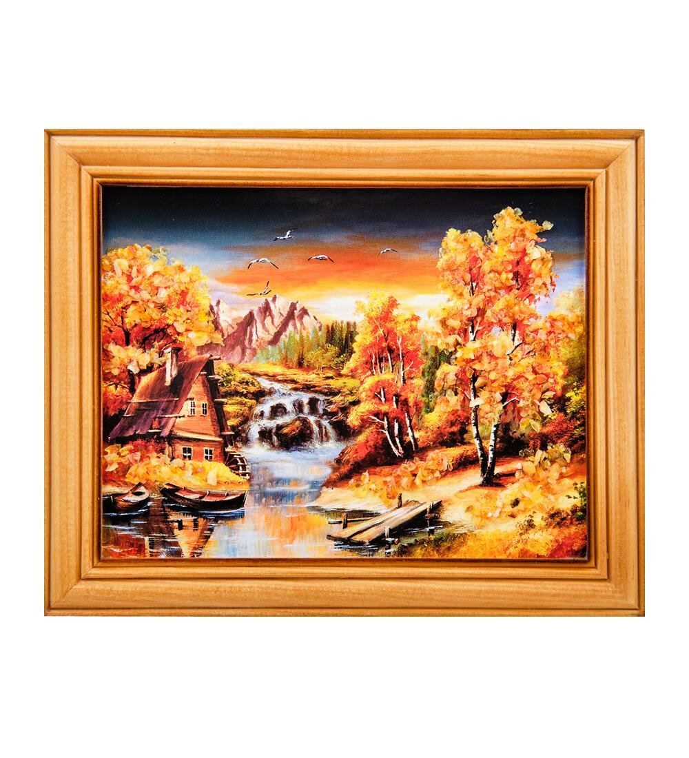 Картина "Мельница на озере" (с янтарной крошкой) дер. краш. рамка 12х15 A2181836