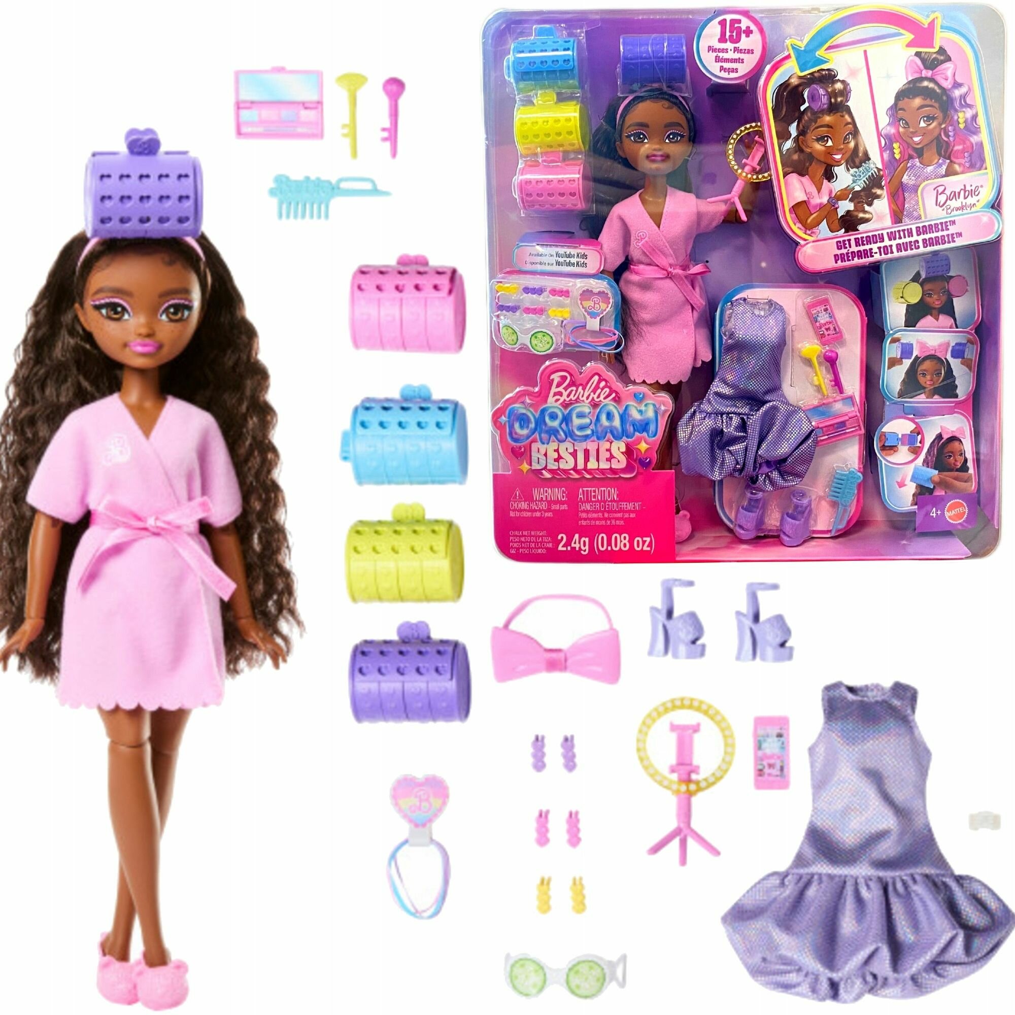 Кукла Mattel Barbie Dream Besties - Кукла Бруклин в халате с бигуди и модными аксессуарами - Барби JGG39