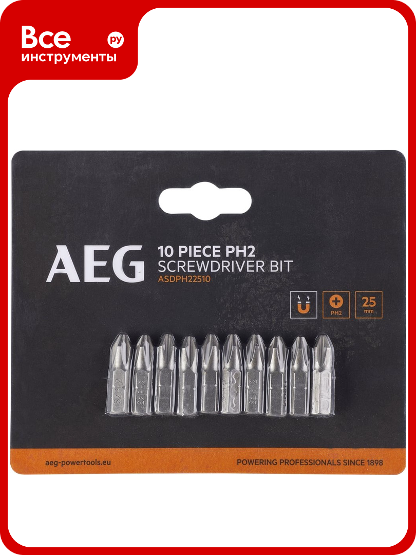 Биты AEG ASDPH22510, PH2, 25 мм, комплект из 10 штук, для шуруповертов, магнитный наконечник, материал S2