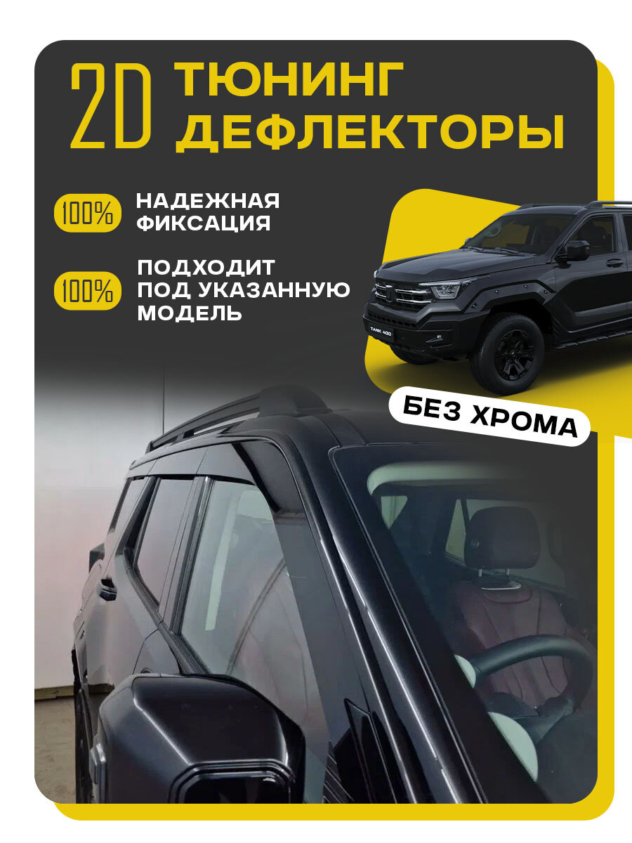 Плоские тюнинг дефлекторы для окон TANK 400 (2021-н. в) 1 поколение / Ветровики на танк 400. Комплект 6 шт.