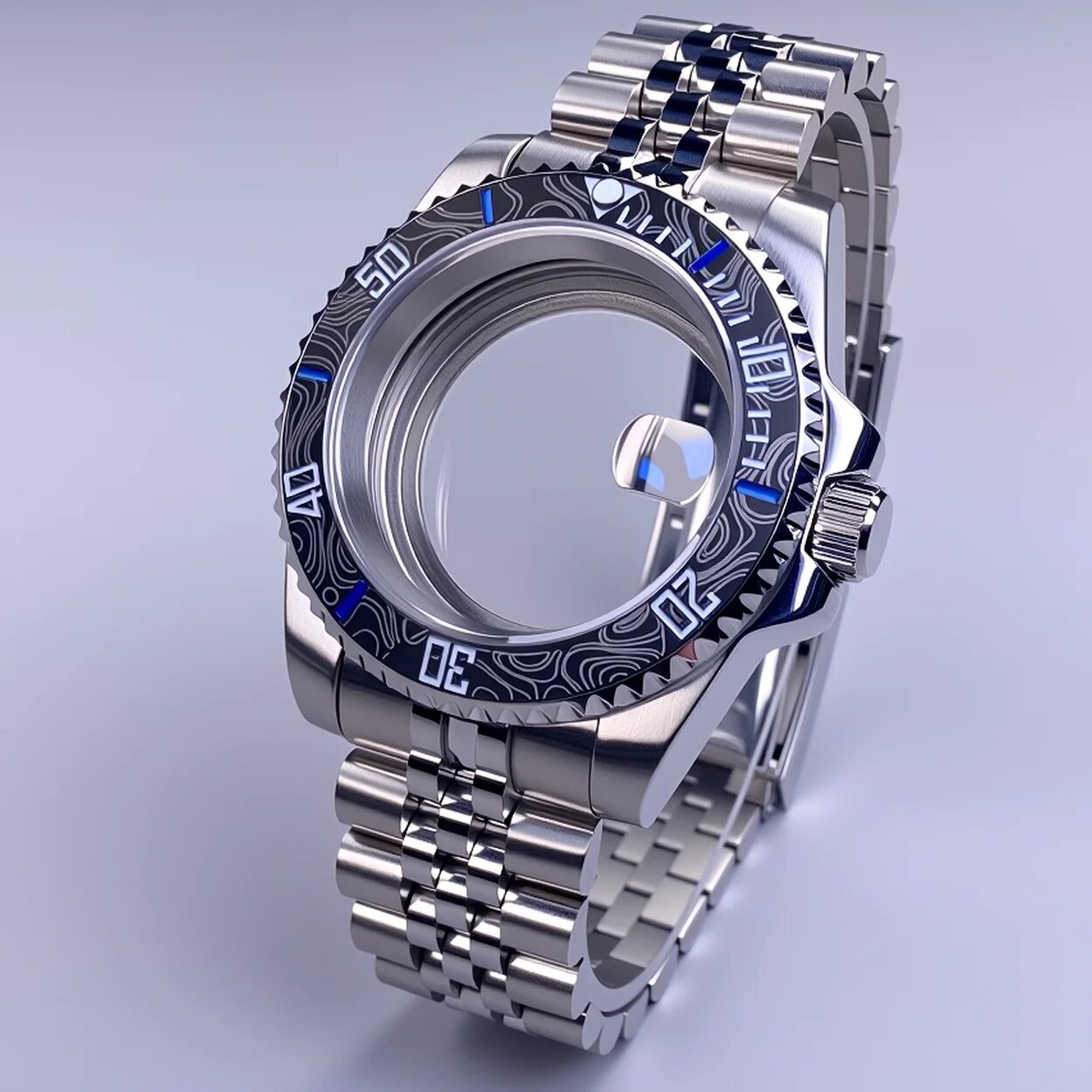 Серебристый корпус часов NH35 40 мм с сапфировым Серебряный, Cyclops-Solid back, SUB Ceramic Bezel 1