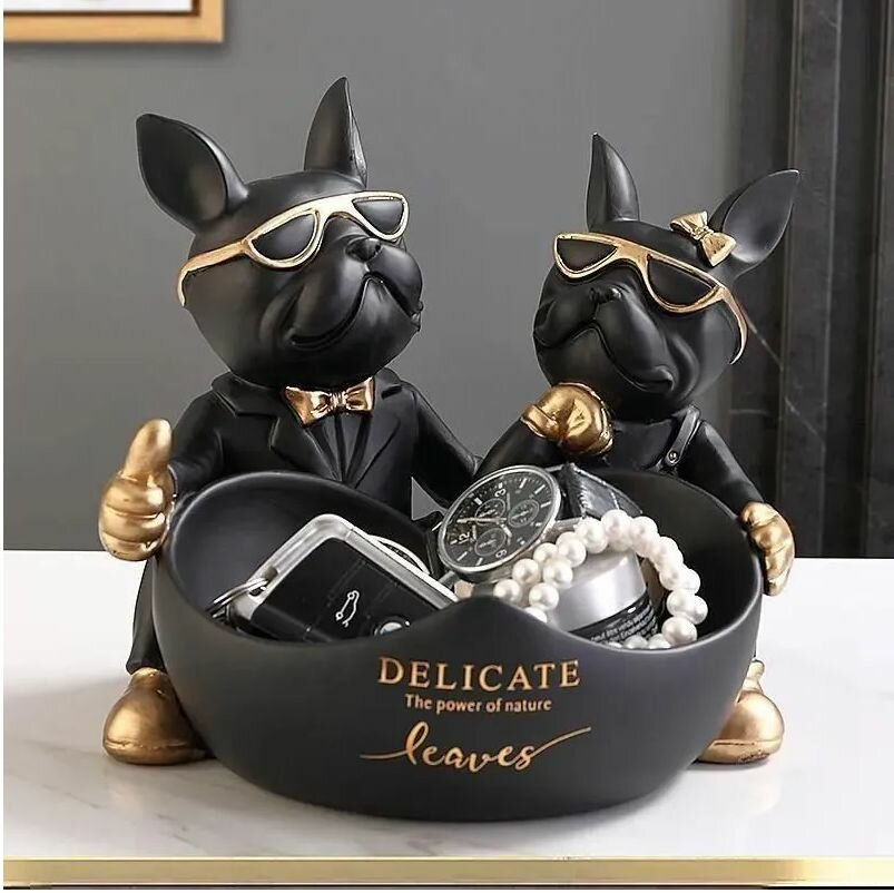 Cобака с подносом, конфетница, Статуэтка интерьерная французский бульдог в современном стиле, декоративная подставка для мелочей