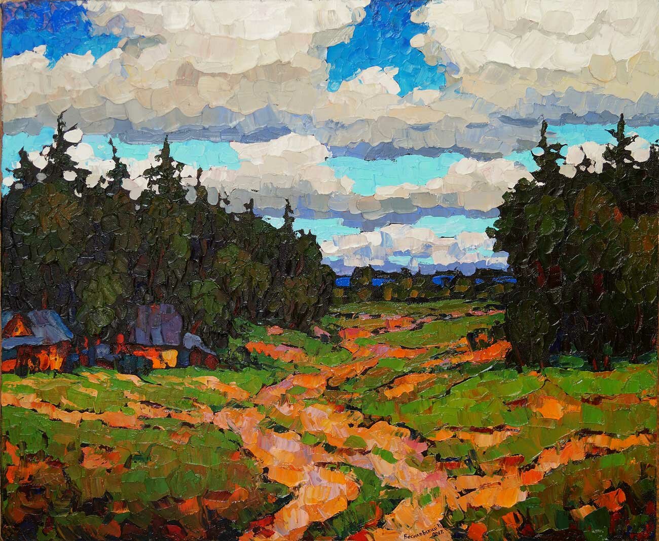 Картина мастихином, маслом в интерьер. Облака. Художник Веселовский В. Холcт, маслo. 48х58,5см.