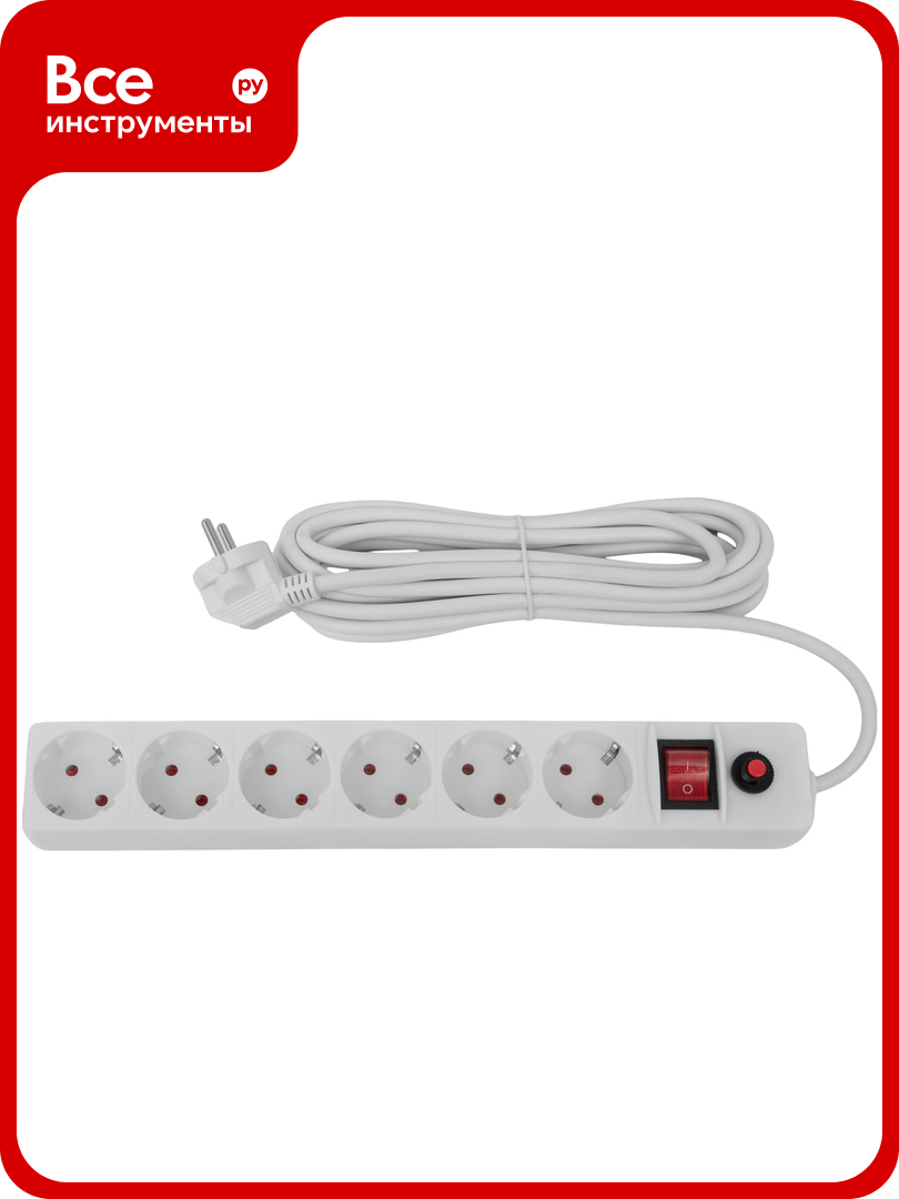 Сетевой фильтр с заземлением белый ПВСм2, 6 розеток, 5м Gigant 3x1.5, для подключения нескольких устройств одновременно
