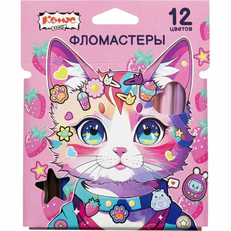 Фломастеры Комус Класс Kitty stickers 12цв. вентилир, смыв, картон. упак, 2162235