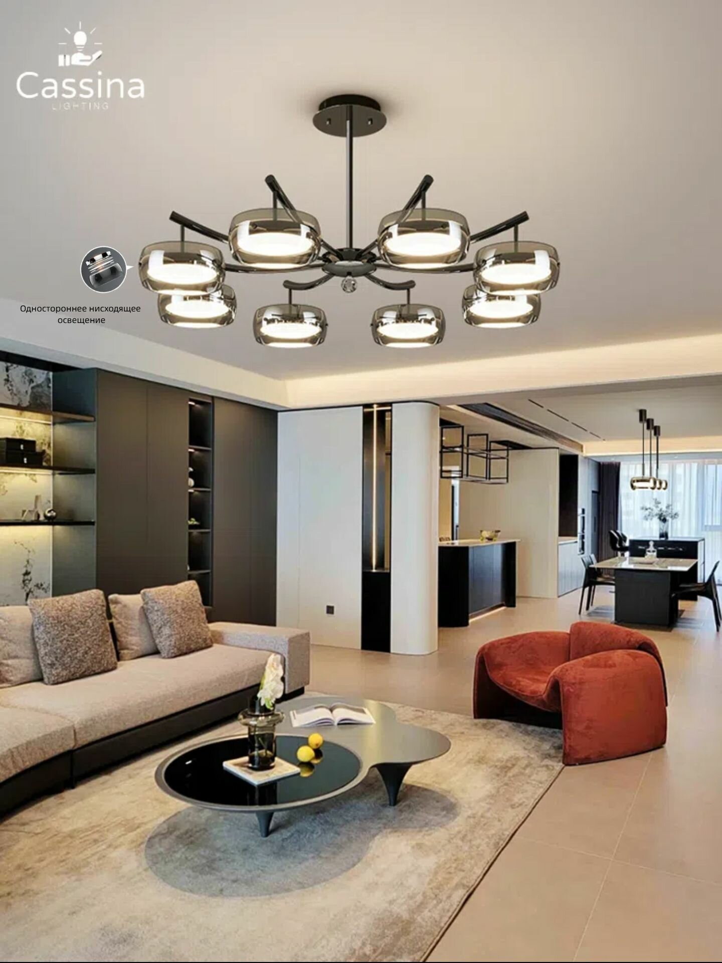 Люстра потолочная DD055-6 Cassina Дымчато-серое стекло светодиодная Современная железная люстра с LED-подсветкой Подходит для гостиных, -6 головки