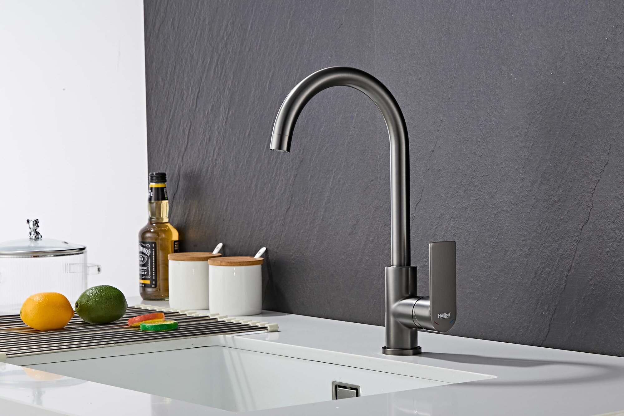 Смеситель для кухни высокий серый, кран из латуни на мойку Haiba HB70505-3