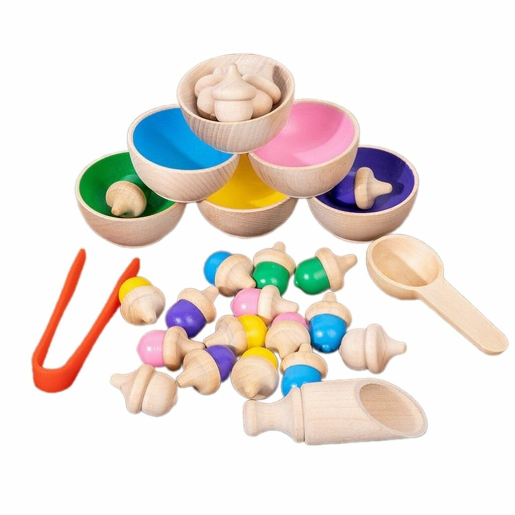 1 коробка веселых деревянных бусин Монтессори, познавательная игра по подбору цвета-подсчет желудей, классификация 0.39