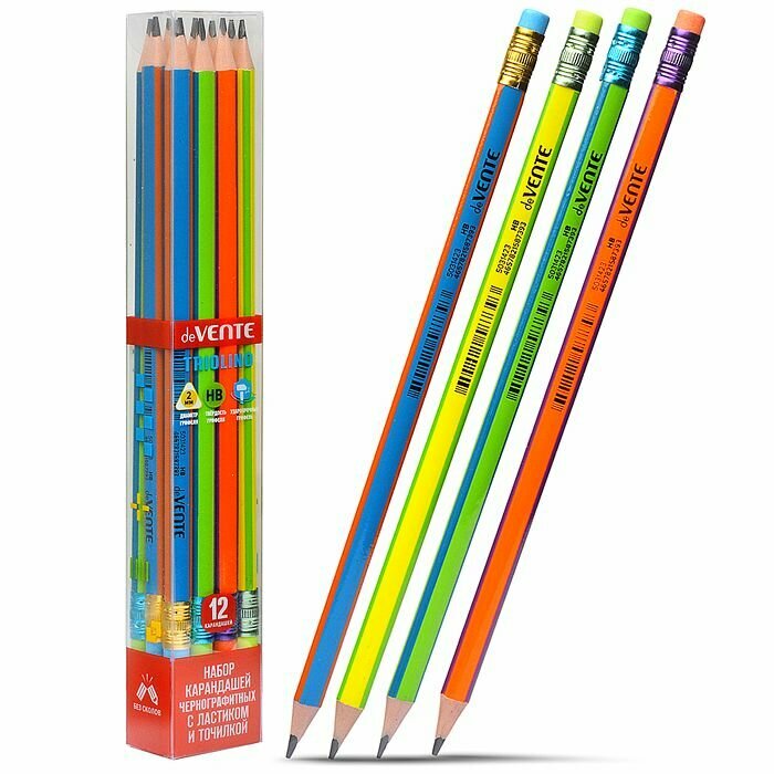 Набор карандашей чернографитных deVENTE 12 шт, ластик , точилка, твердость HB