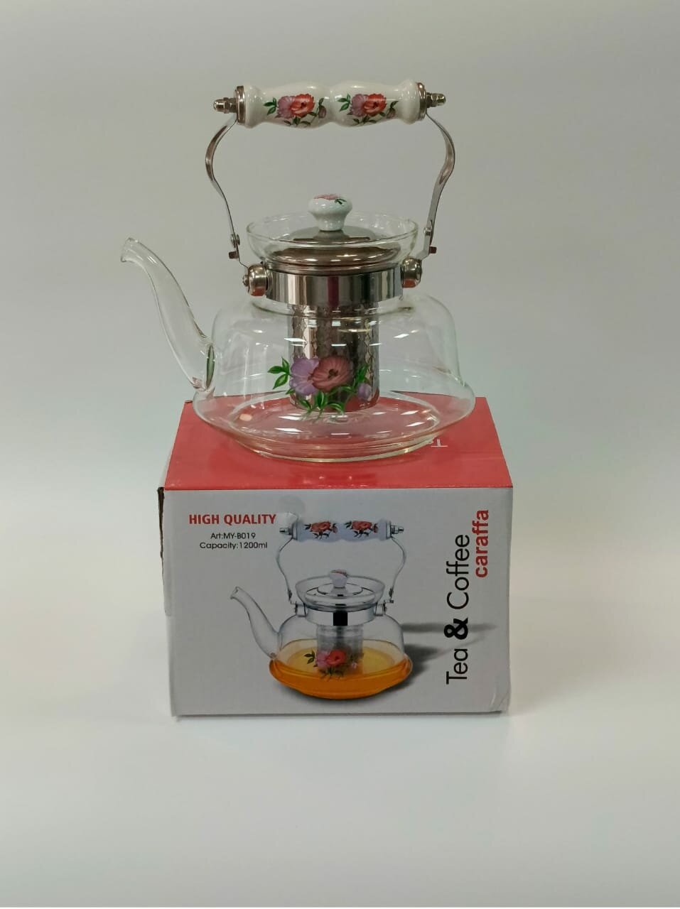 Заварочный чайник "Цветы", с фильтром-колбой, с крышкой, стекло, 1,2л