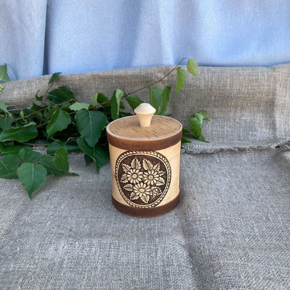 Туес "Ромашки", банка с крышкой, шитая, береста, 10 см х 12 см