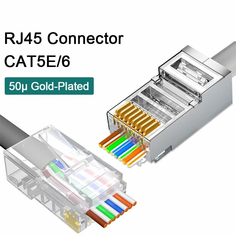 Разъемы CAT6 CAT7 CAT5E RJ45, проходные модульные сетевые вилки UTP 3/50μ, позолоченные 8P8C, обжимной конец для кабеля Ethernet