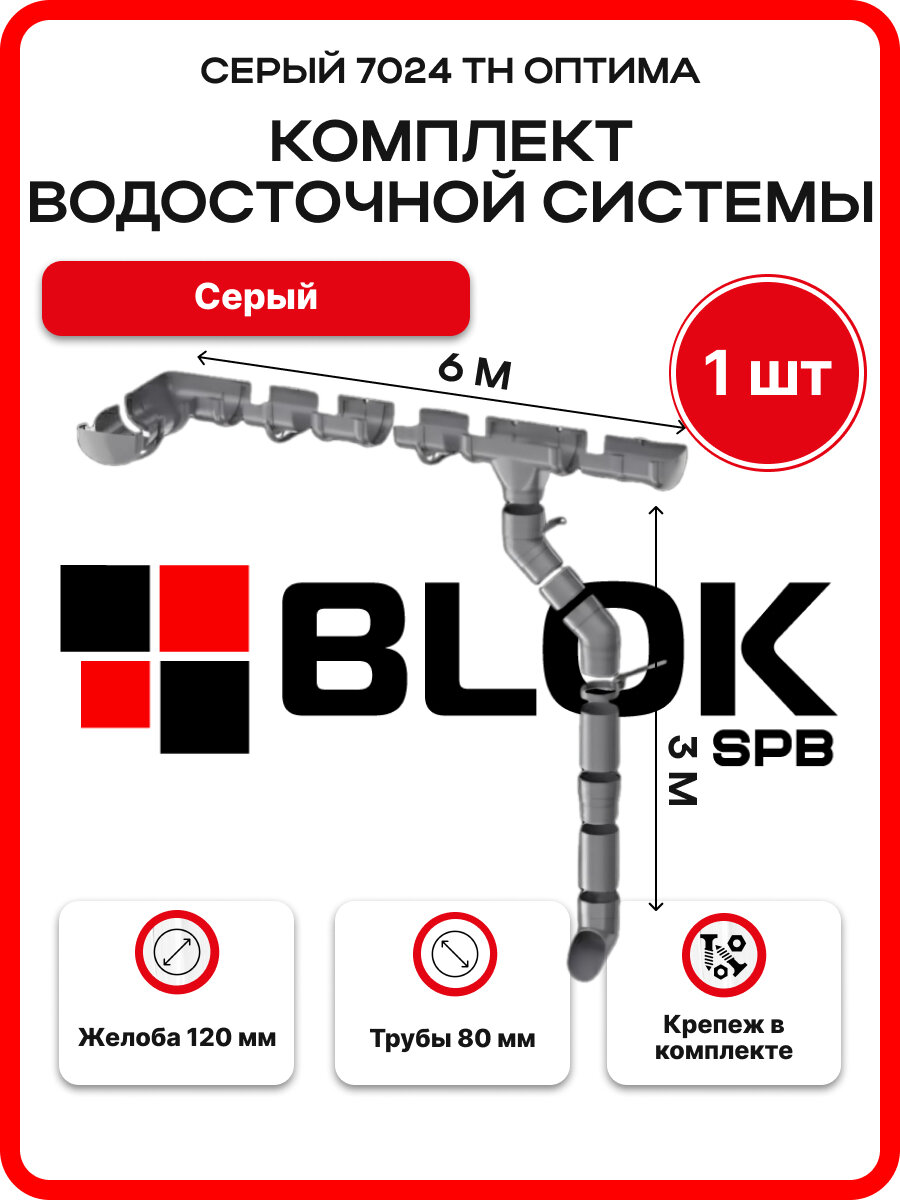 Комплект водосточной системы Серый 7024 ТН оптима 120/80 мм, для ската 6м, (желоба 1,5м)